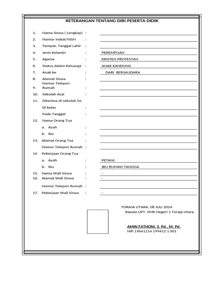 Biodata Siswa X TKJ 1 | PDF