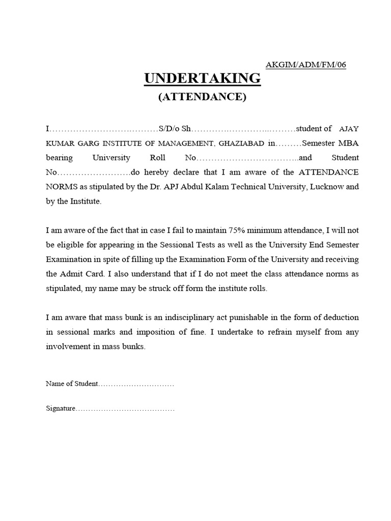 MBA Attendance Undertaking Form | PDF