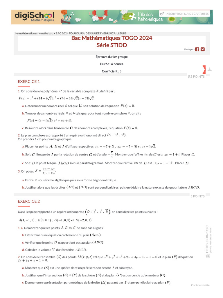 Corrigé Bac Maths Togo 2024 STIDD | PDF | Nombre complexe | Cercle