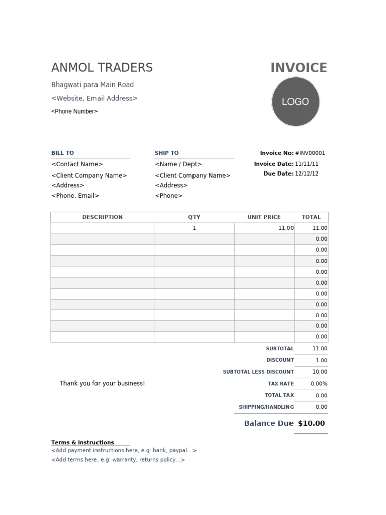 Printer Friendly Excel Invoice Template 1 | PDF