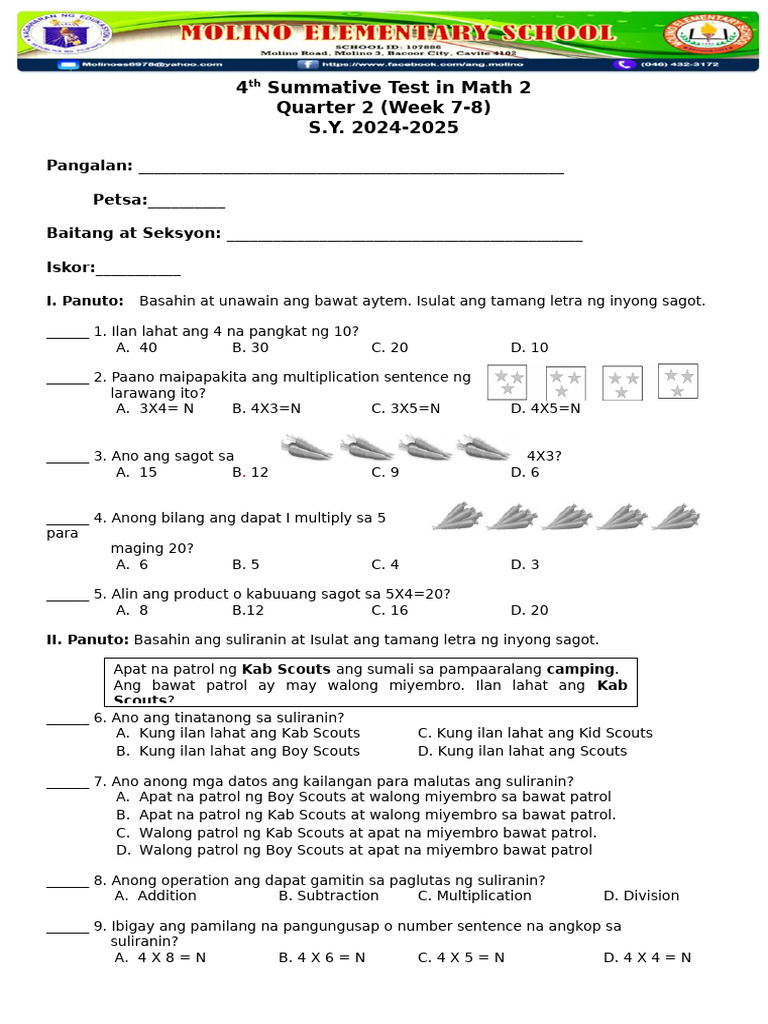 4th Summative Test Math Q2 | PDF