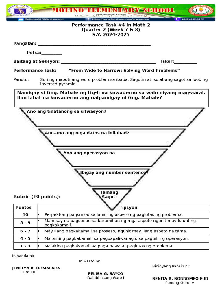 4th Performance Task Math Q2 | PDF