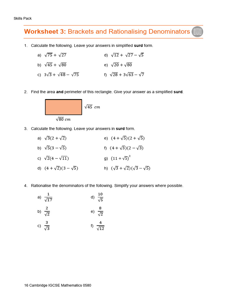Brackets and Rationalising Denominators Worksheet | PDF
