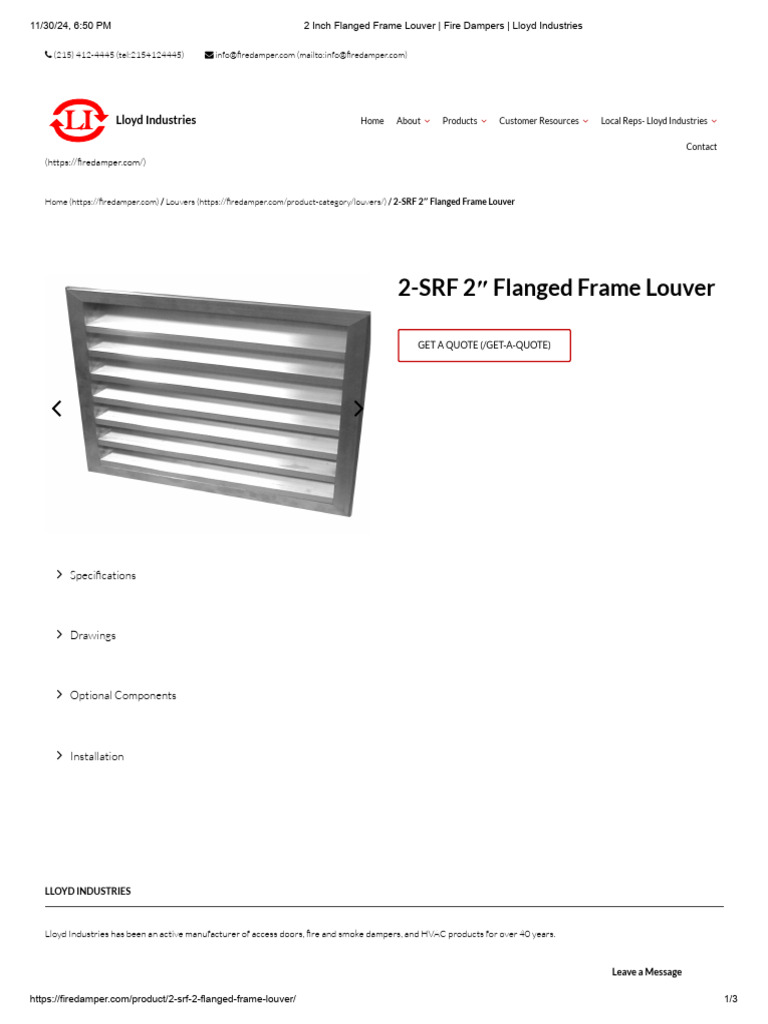 2 Inch Flanged Frame Louver - Fire Dampers - Lloyd Industries | PDF