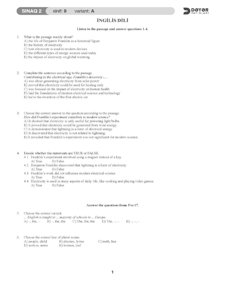 Deyer 9 Sinif Sinaq 2 | PDF