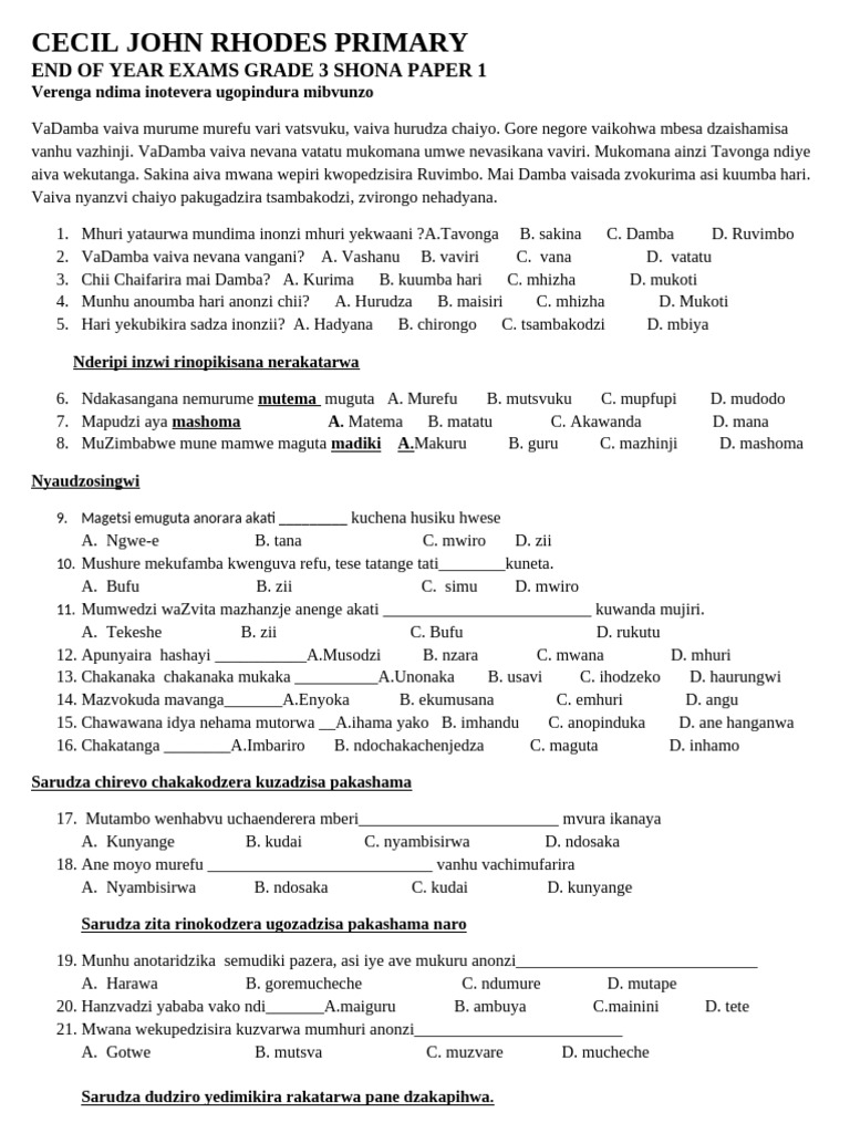 grade 3 shona paper 1 | PDF