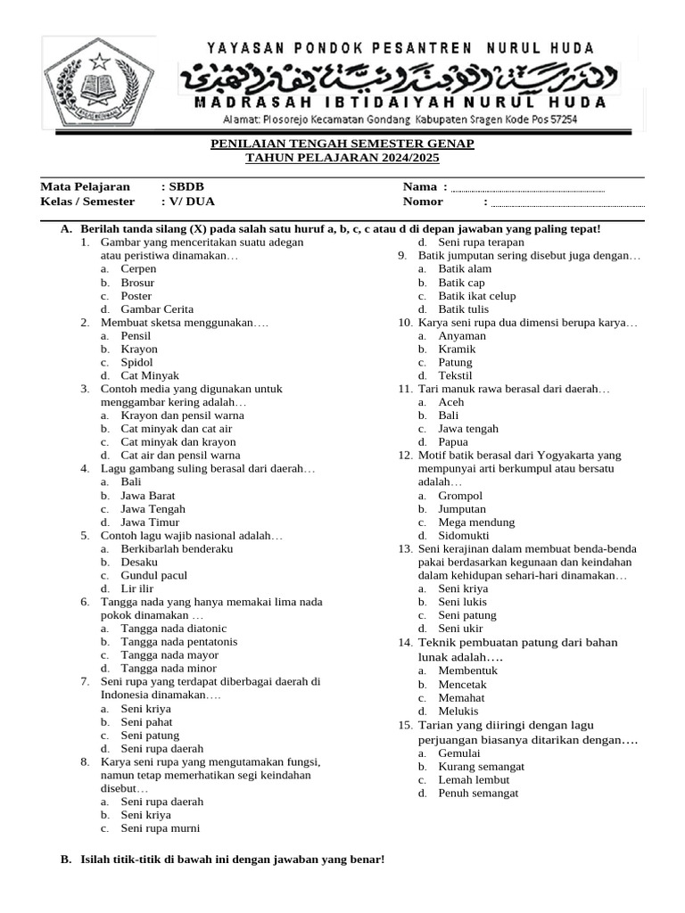 Ujian Seni Budaya Kelas 5 | PDF