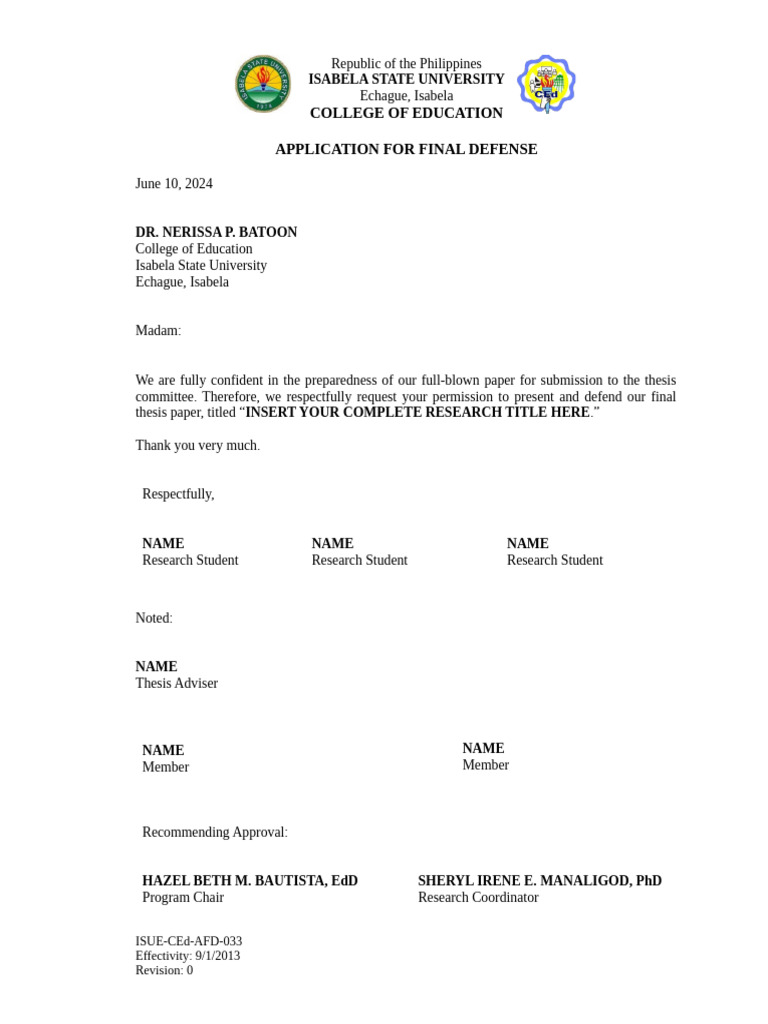 Application For Final Defense | PDF
