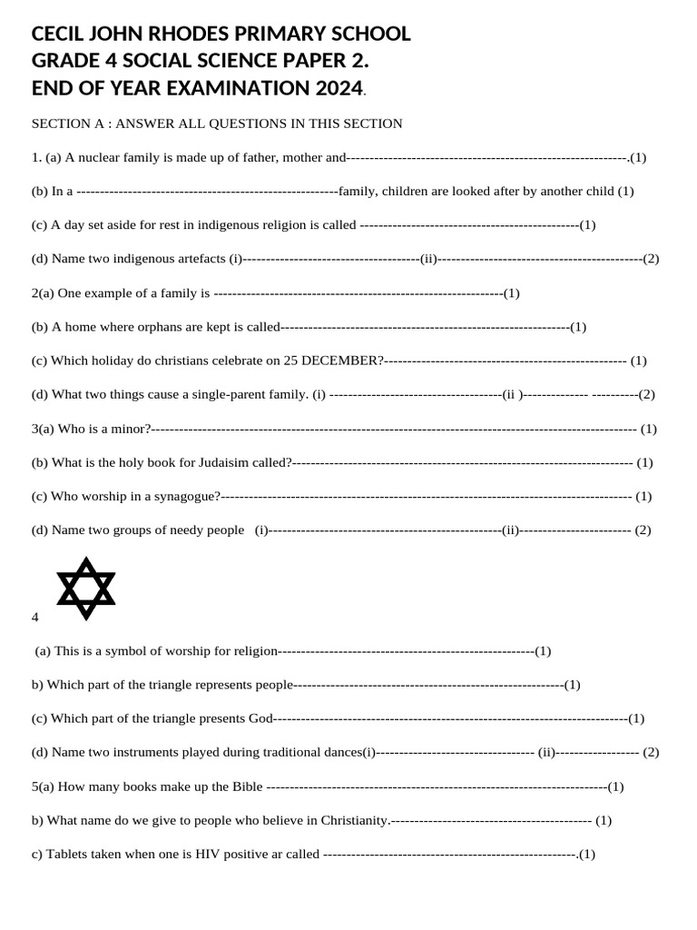 Grade 4 Social Science Exam 2024 | PDF | Religious Faiths