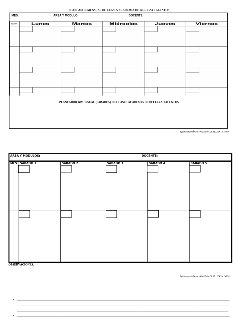 PLANEADOR Y PLANILLA MENSUAL ACADEMI | PDF