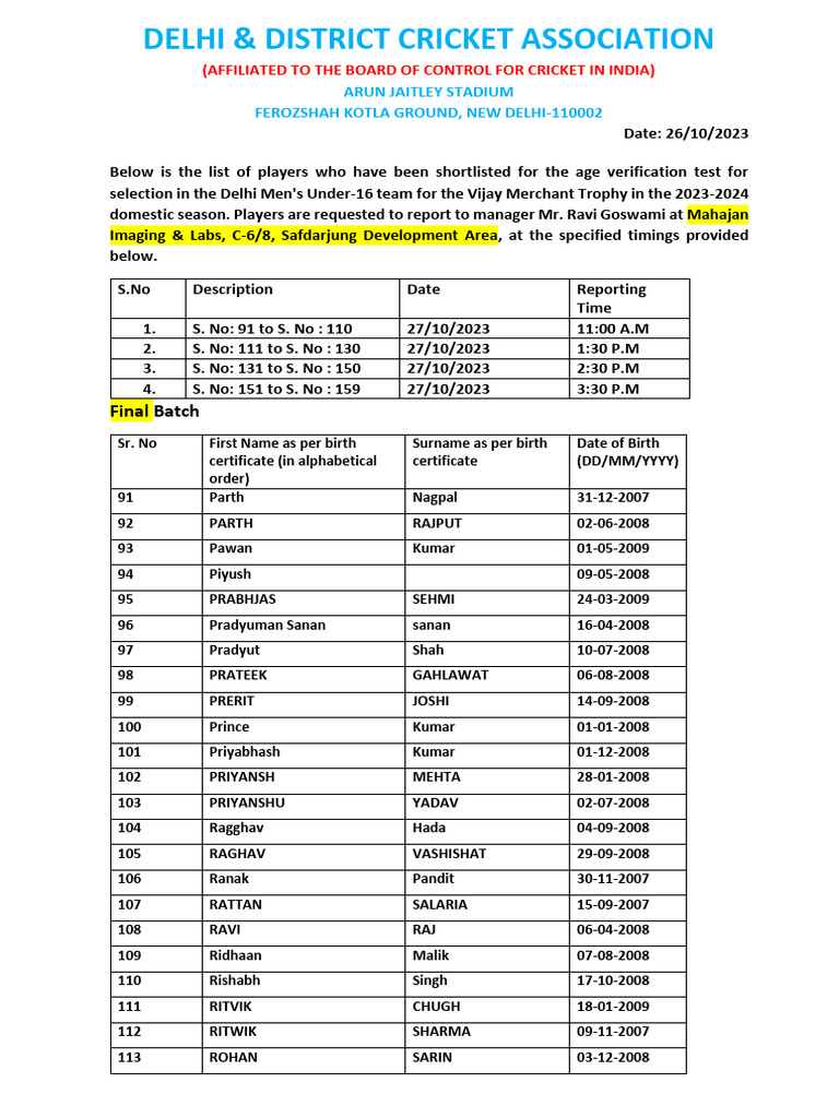 Under-16 Players For Age Verification Test Last Batch-1 | PDF ...
