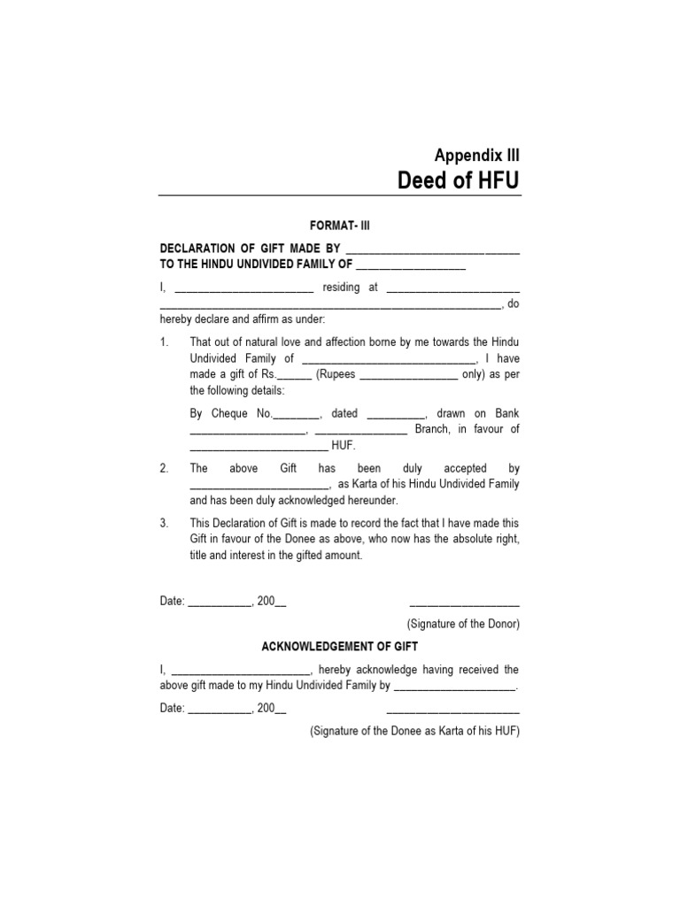 Declaration of Gift to HUF | PDF