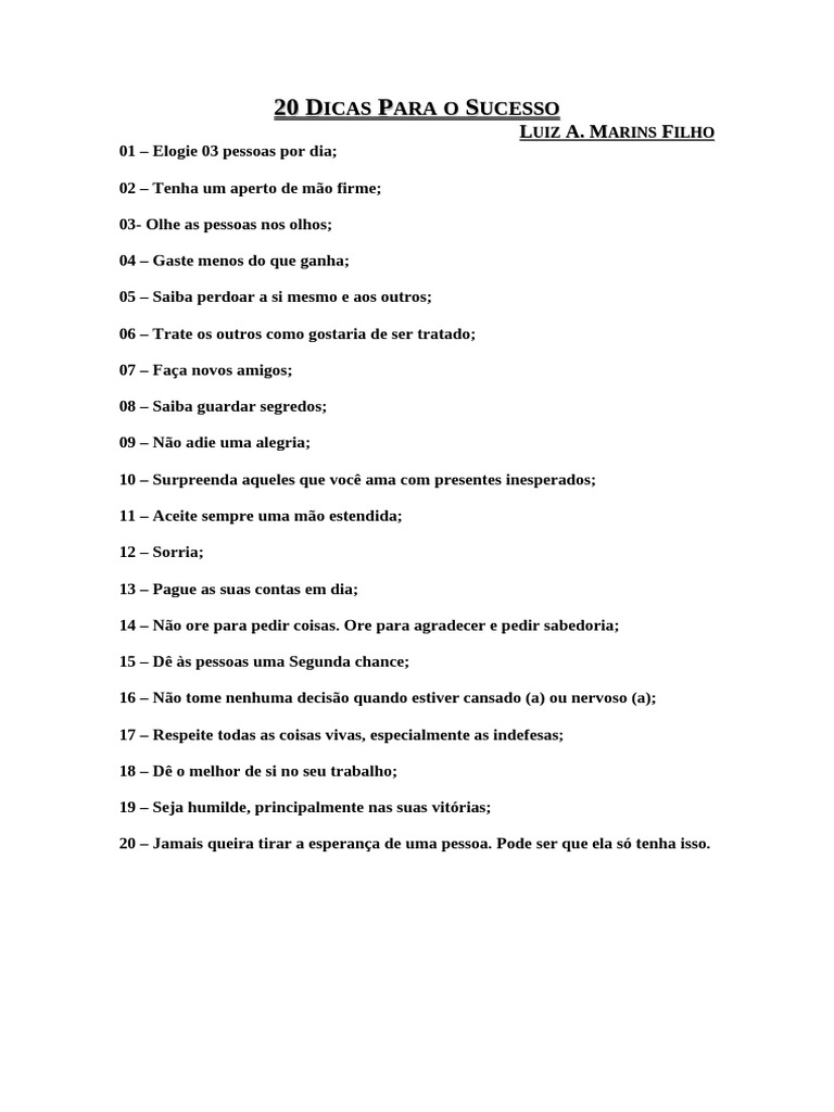 20 Dicas Para o Sucesso | PDF 20 Dicas Para o Sucesso | PDF
