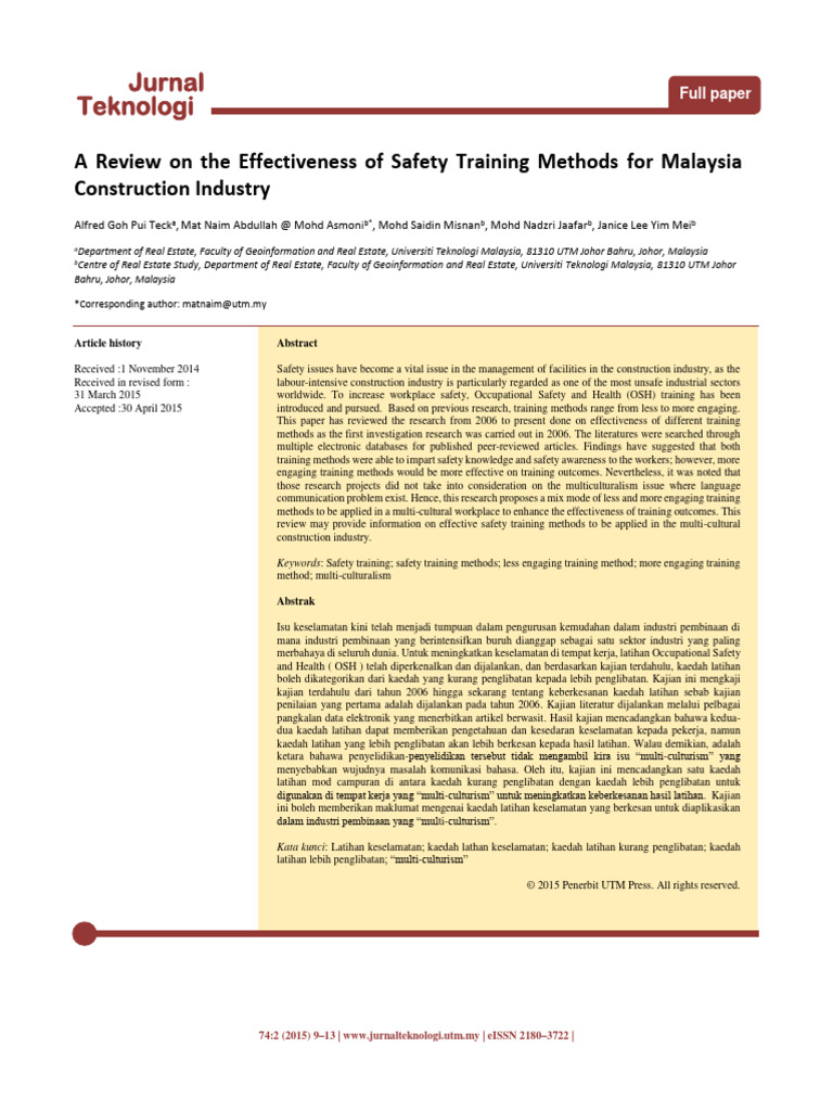 A Review On The Effectiveness of Safety Training Methods For Malaysia ...
