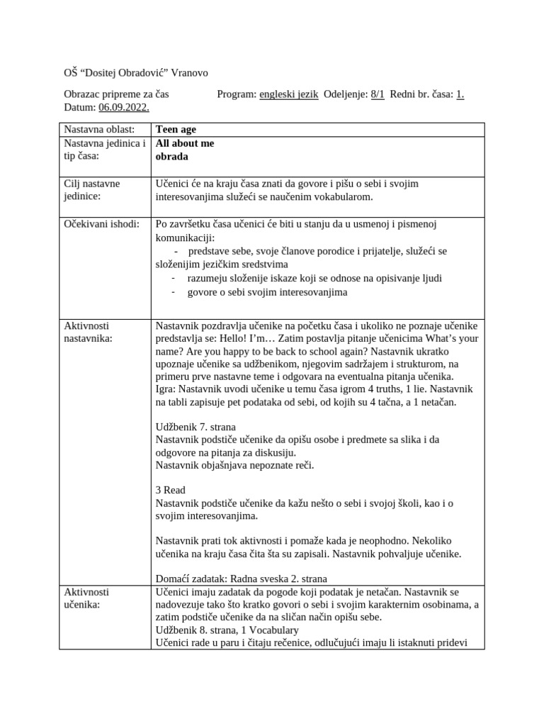 Priprema 8-1 1. Čas | PDF