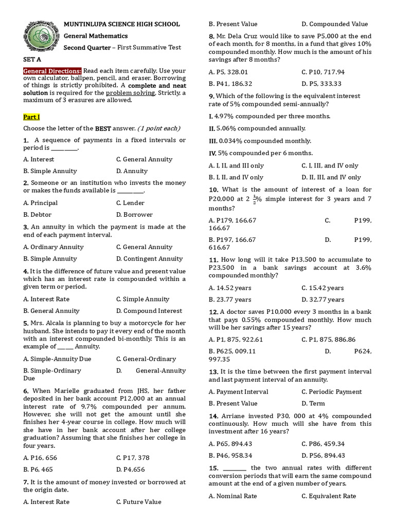 Summative Test in General Mathematics - Set A (Questionaire) | PDF ...