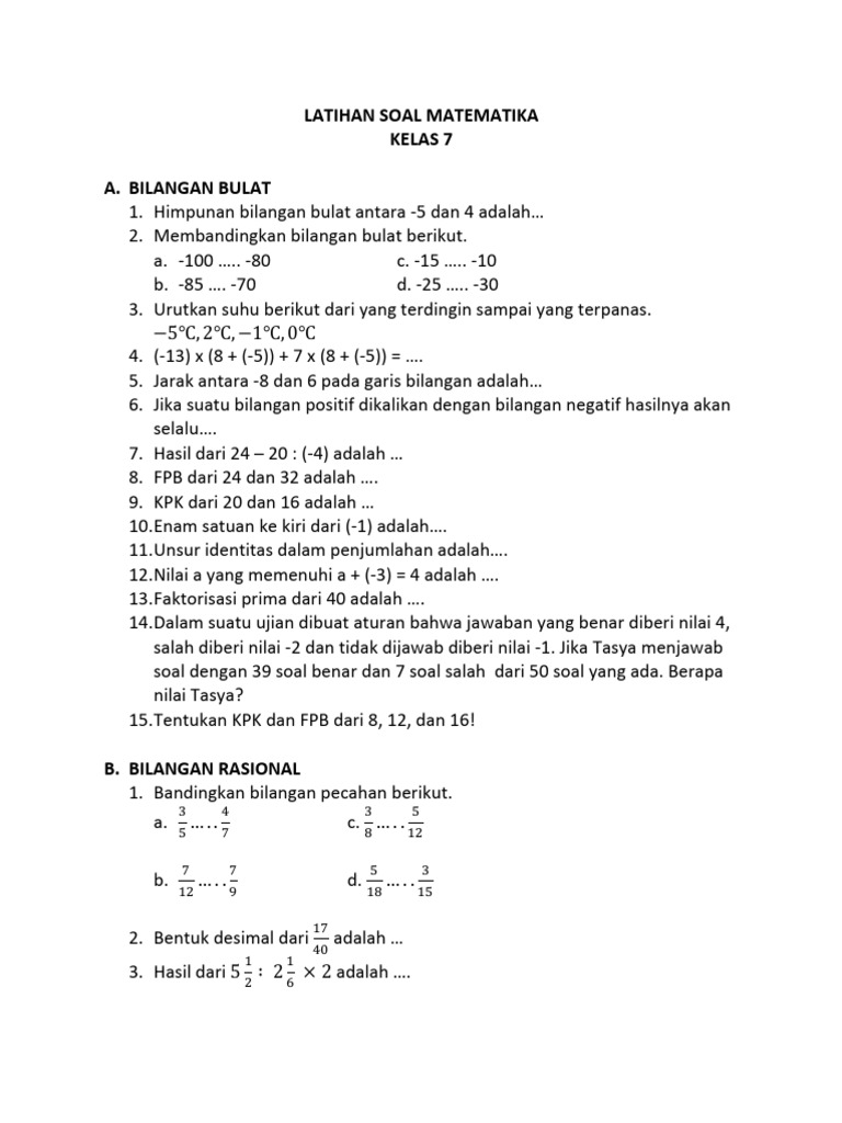 Latihan Soal Matematika Kelas 7 | PDF