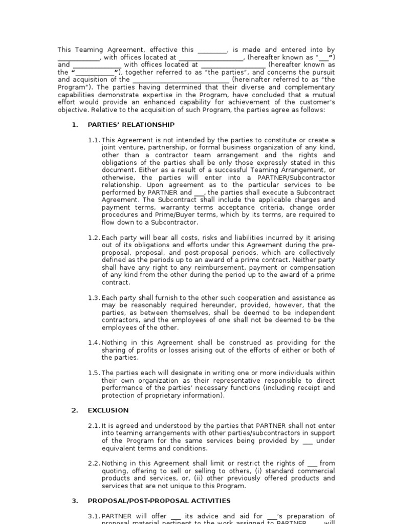 Teaming Agreement Template | PDF | Patent | Trademark