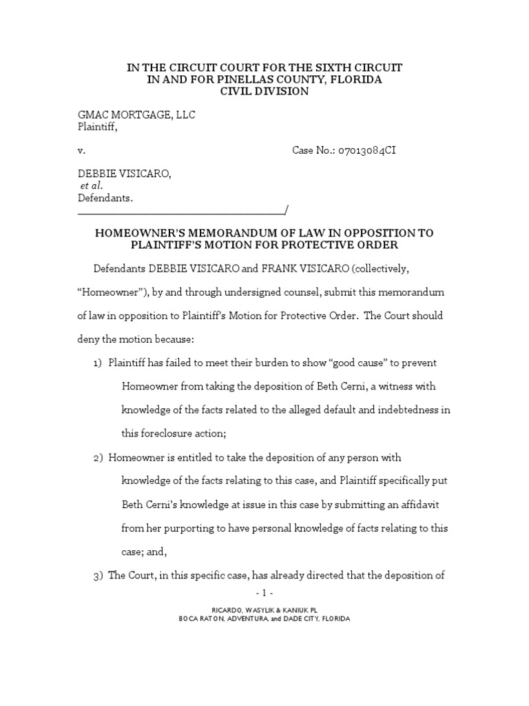 Davis Motion in Opposition Protective Order | PDF | Deposition (Law ...