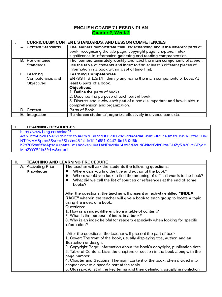 English Grade 7 Lesson Plan. Parts of the Booksdocx | PDF | Reading ...