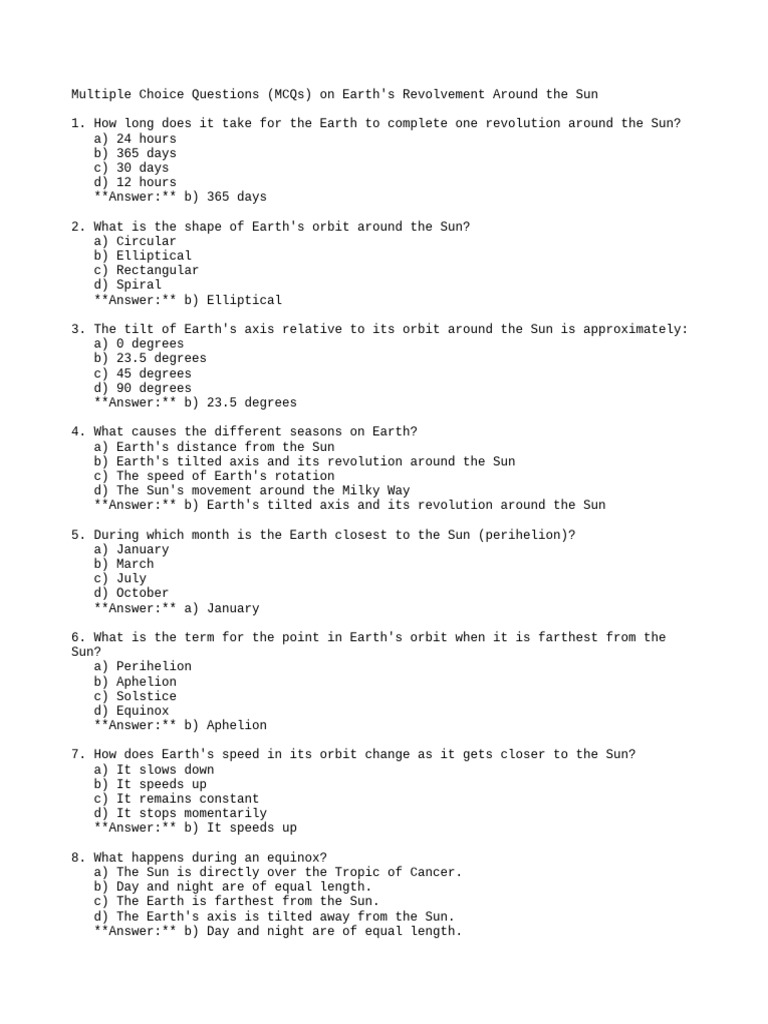 Earth Revolvement Around Sun MCQs | PDF
