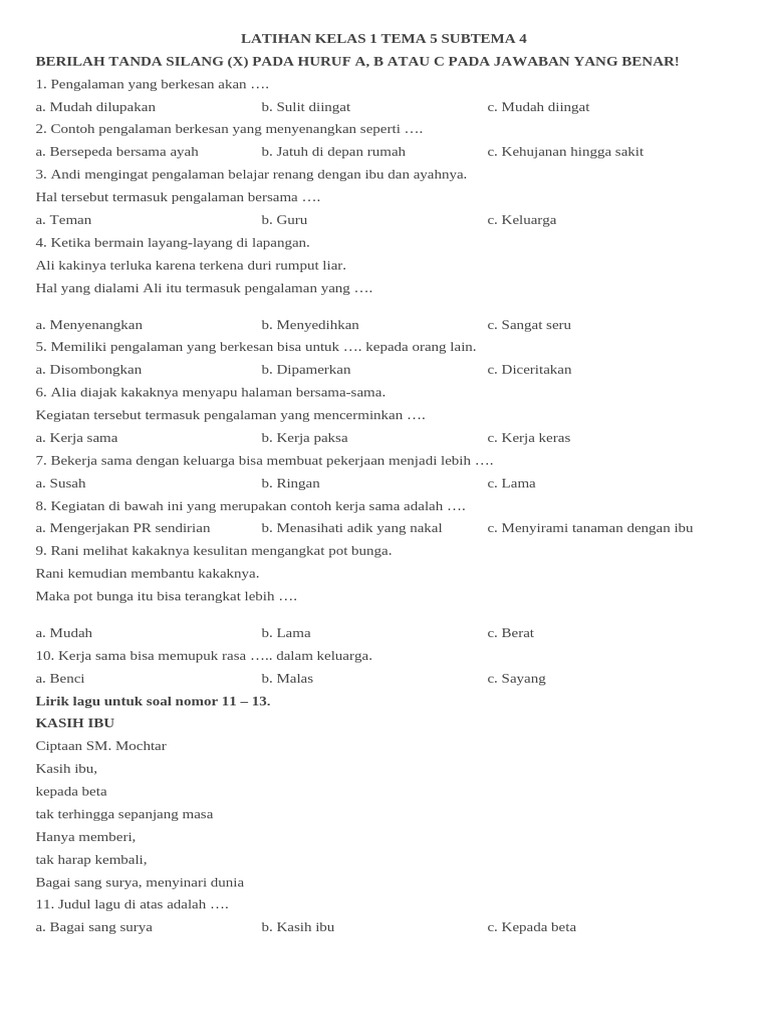 Latihan Kelas 1 Tema 5 Subtema 4 | PDF