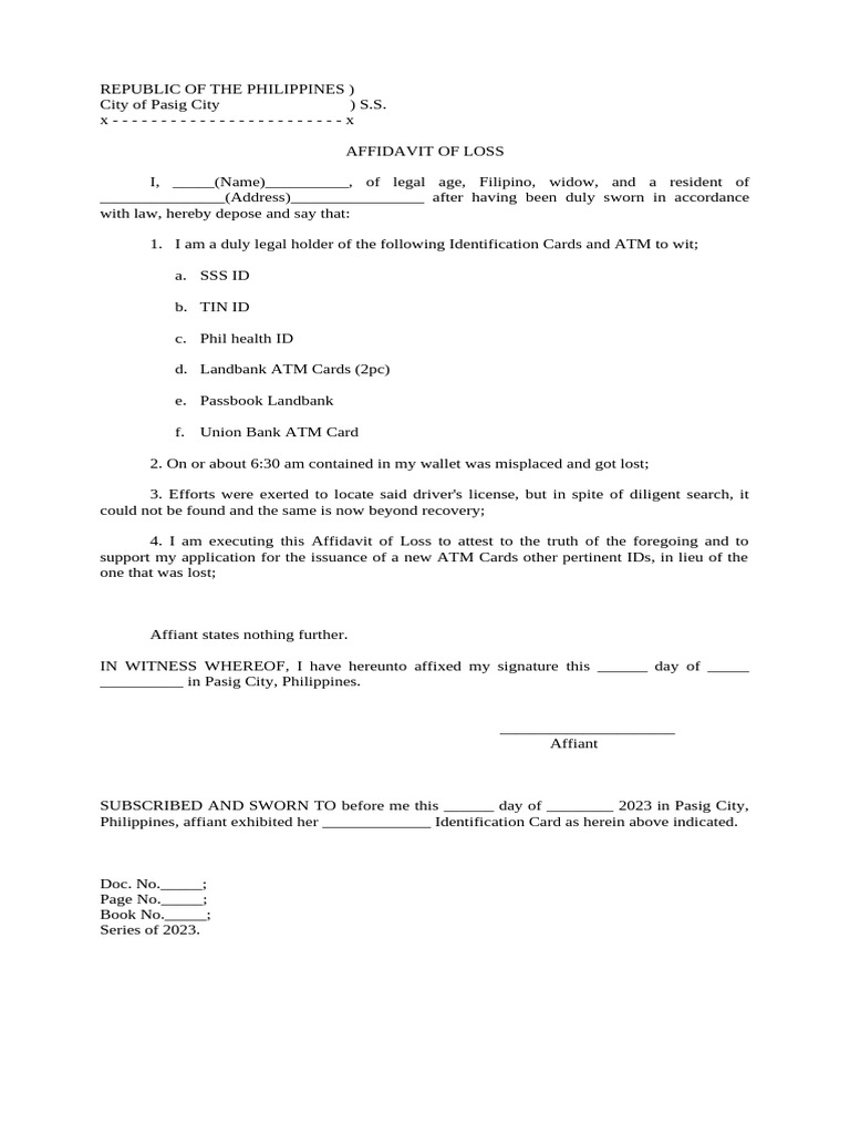 Affidavit of Loss (Sample) | PDF