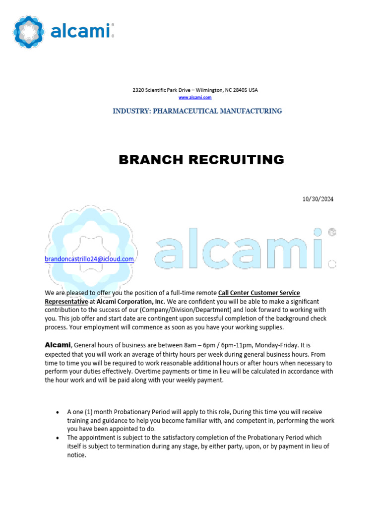 Brandon Castrillo FT EMPLOYMENT AGREEMENT LETTER - Alcami Corporation ...