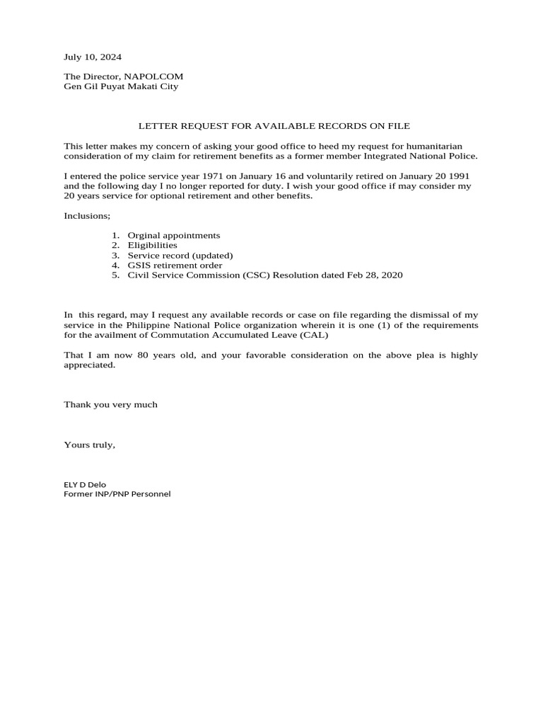 Letter Request NAPOLCOM | PDF