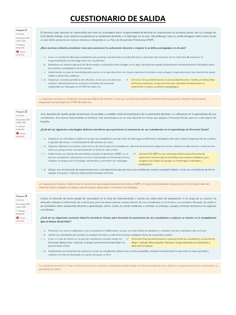 Cuestionario de Salida - Curso 5 | PDF