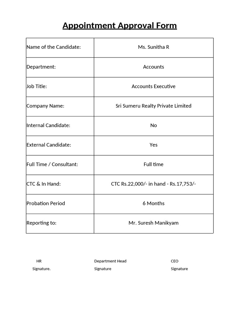 Appointment Approval for Ms. Sunitha R | PDF
