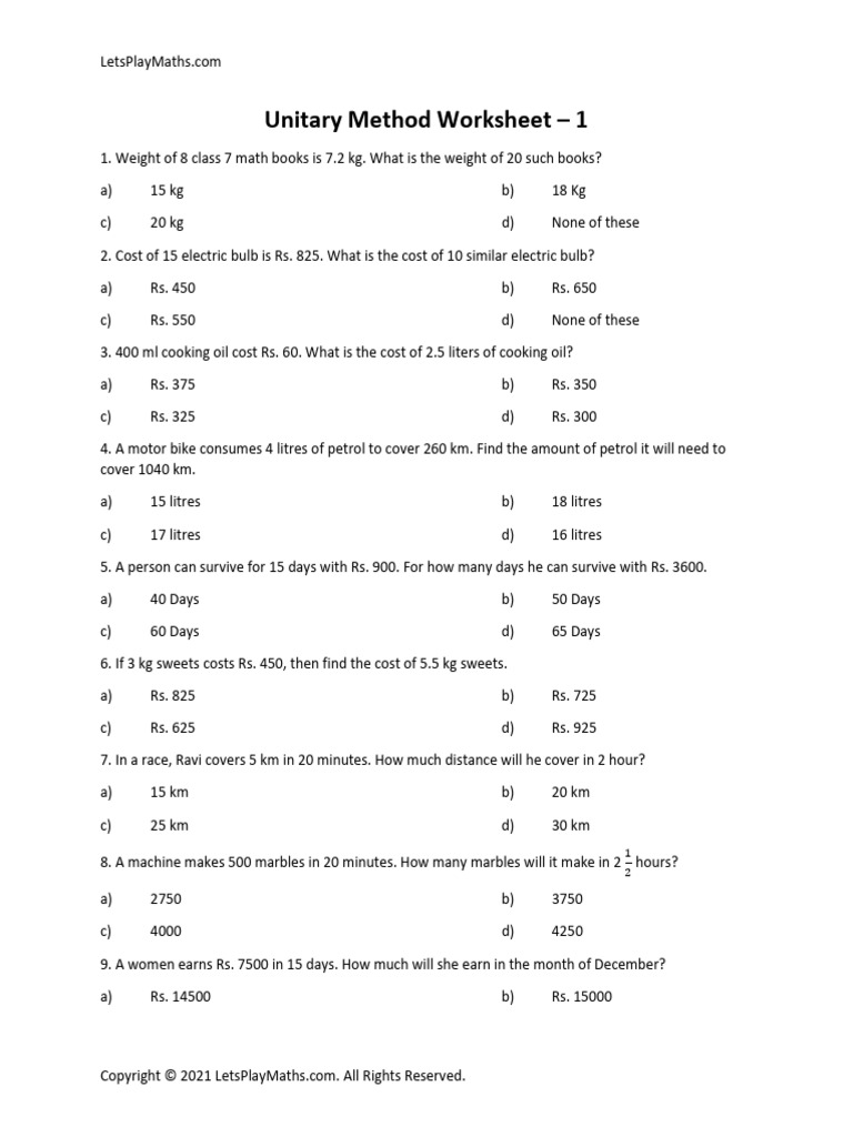 Unitary Method Worksheet-1 | PDF | Litre