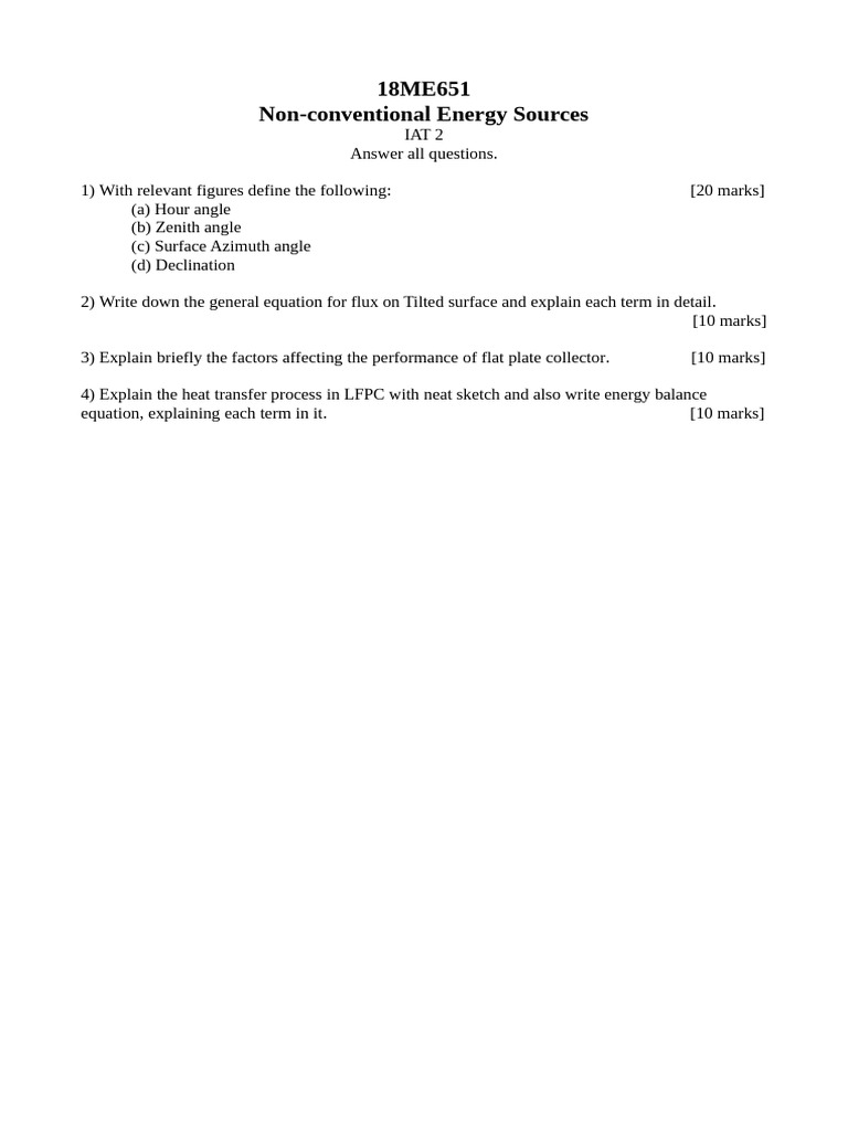 IAT-II Question Paper With Solution of 18ME651 Non-Conventional Energy ...