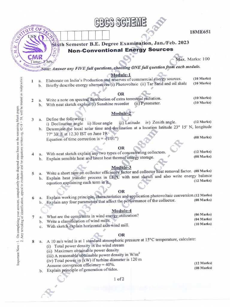 VTU Question Paper of 18ME651 Non-Conventional Energy Sources Jan-Feb ...
