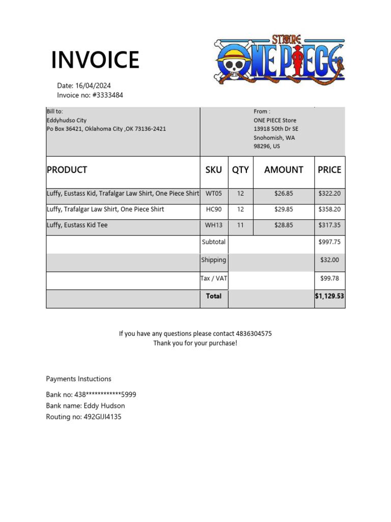 Invoice: Product Sku Qty Amount Price | PDF
