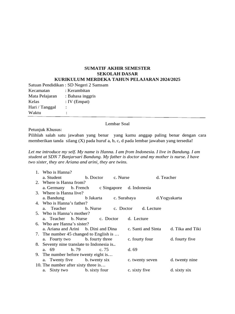 Sumatif Akhir Semester Bahasa Inggris Kelas 4 | PDF | Interior Design ...