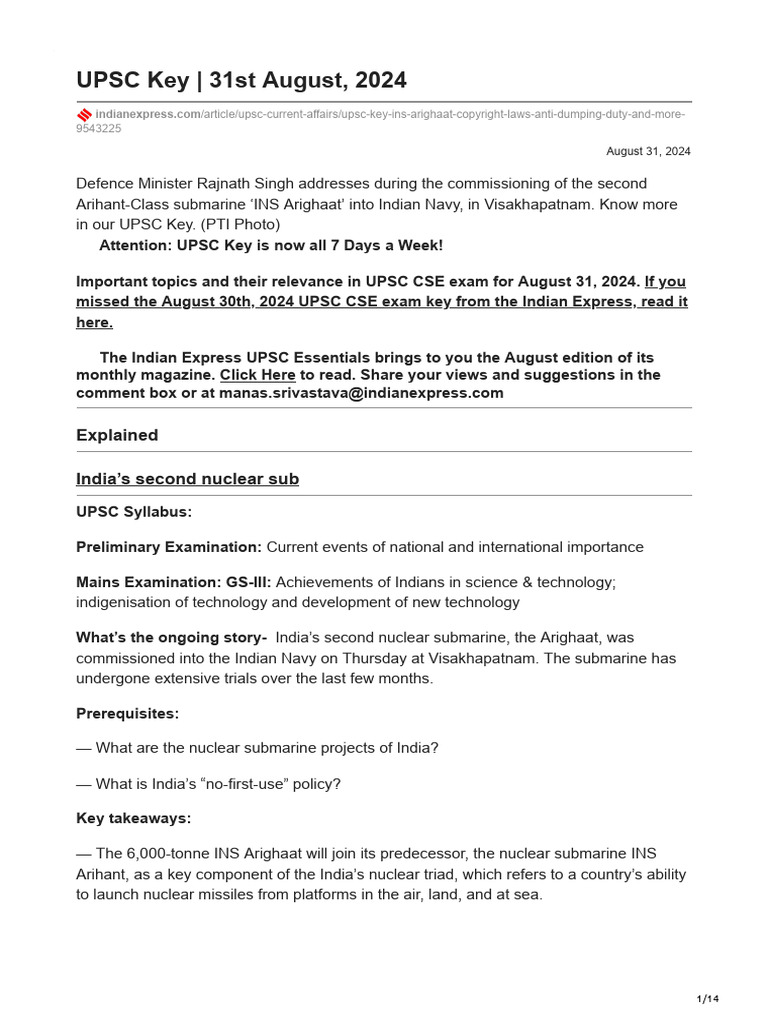 UPSC Key 31st August 2024 | PDF | Dumping (Pricing Policy) | Agriculture