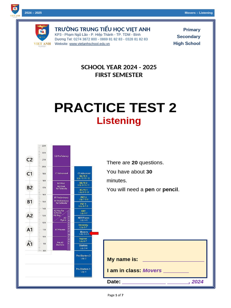 Movers Listening Test 2024-2025 | PDF