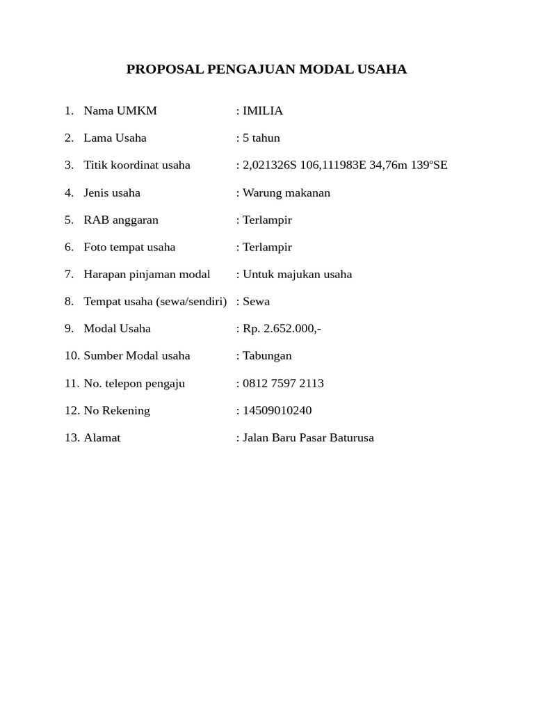 PROPOSAL PENGAJUAN MODAL USAHA Imilia | PDF