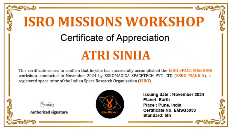 ISRO Missions Workshop Certificate | PDF
