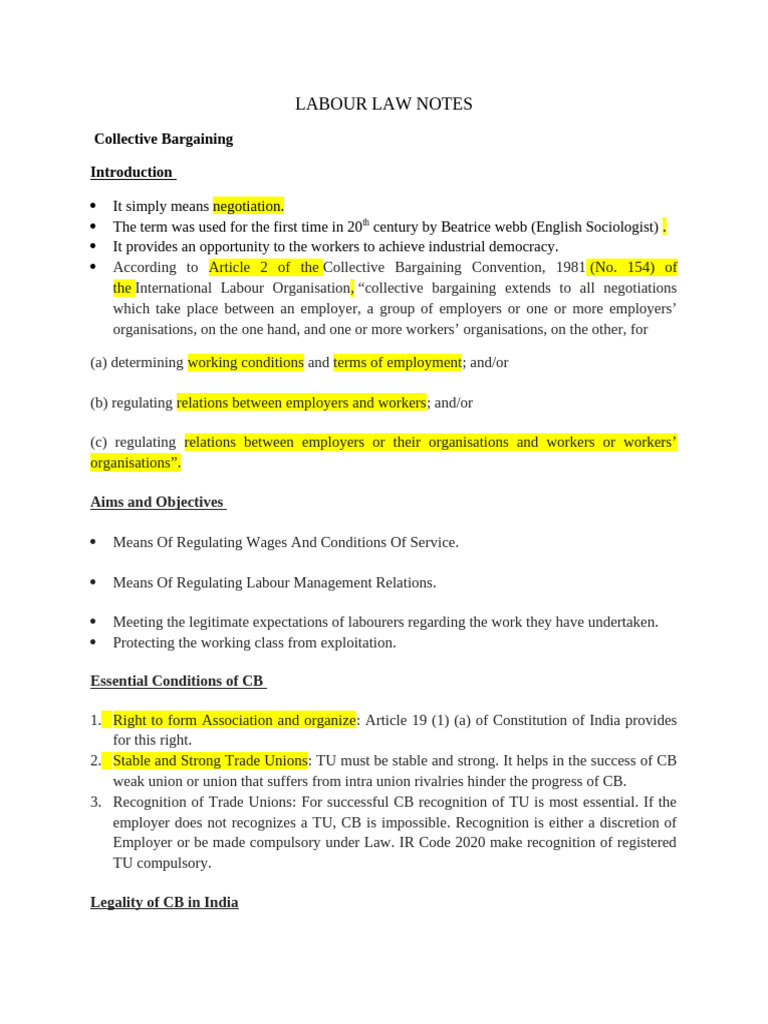 Labour Law Notes | PDF | Trade Union | Labour Law
