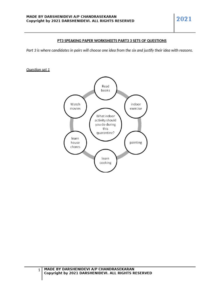 PT3 Speaking Paper Worksheets Part3 3 Sets of Questions | PDF