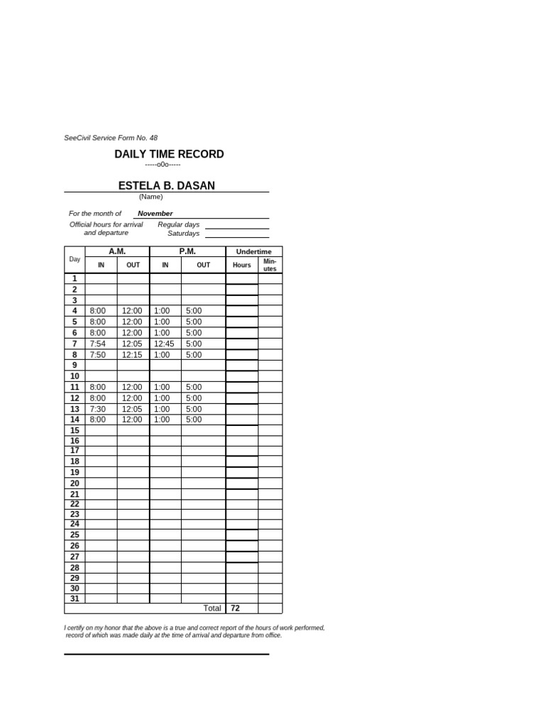 Sample Daily Time Record DTR | PDF