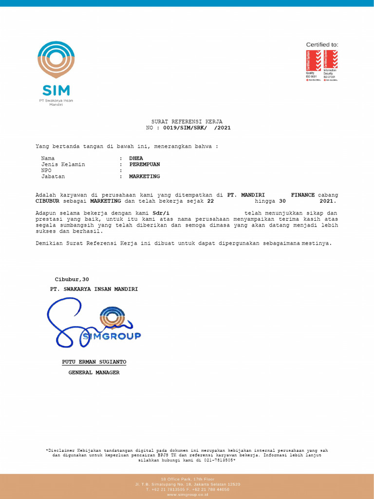 Surat Referensi Kerja Dhea Rizki Al Lailla | PDF