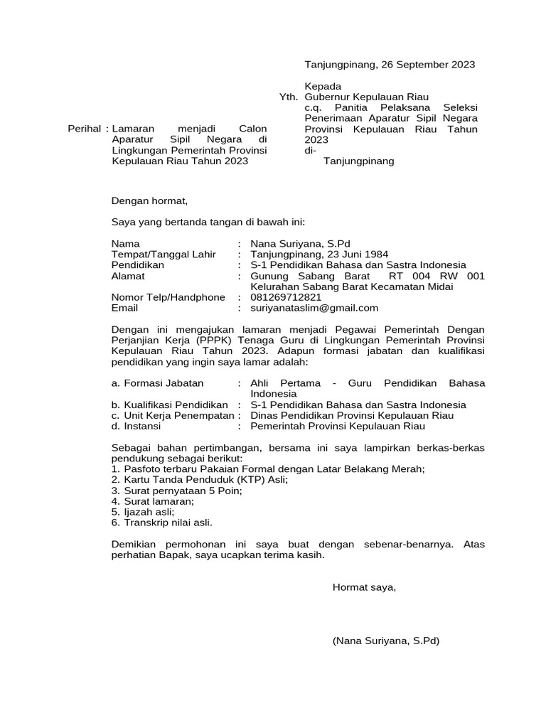 Lamaran PPPK Guru Bahasa Riau 2023 | PDF
