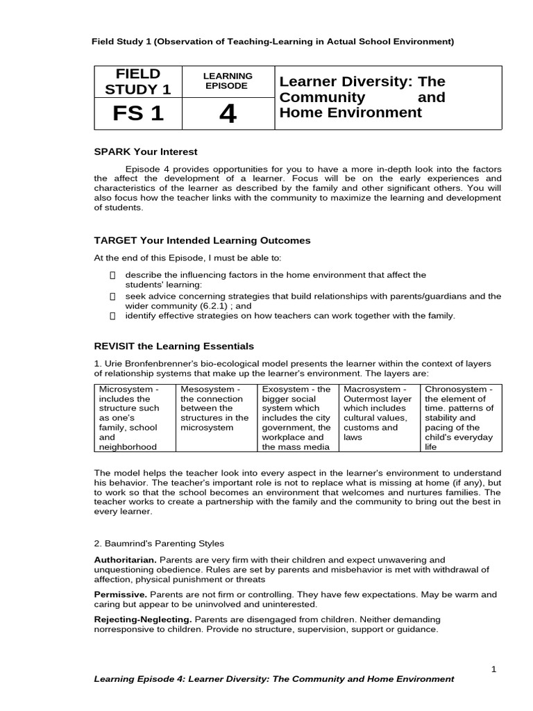 EP4 - FS1 - Learner Diversity - The Community and The Home Environment ...