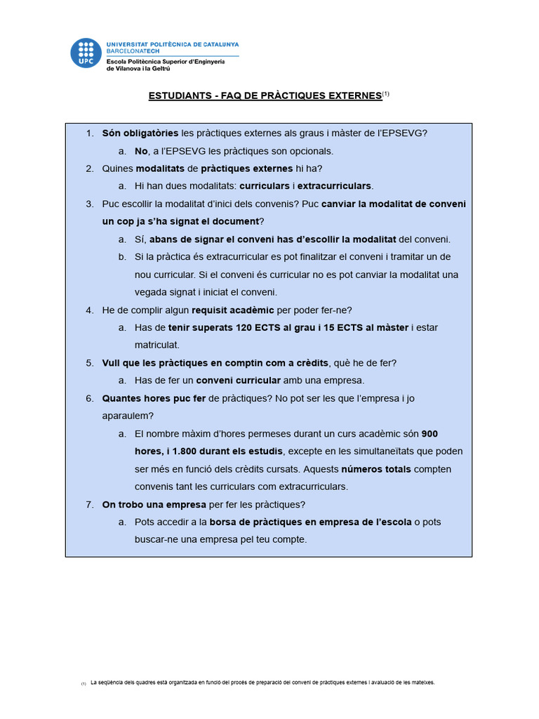 FAQs - Pràctiques Externes | PDF