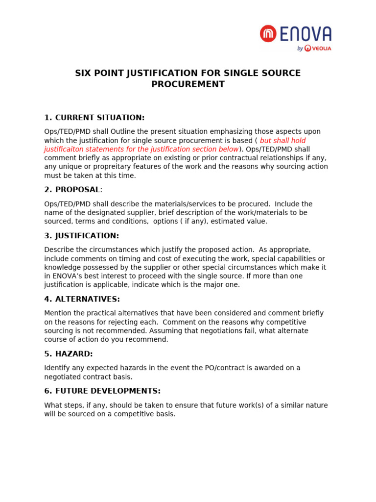 Six Point Justification For Single Source Procurement | PDF
