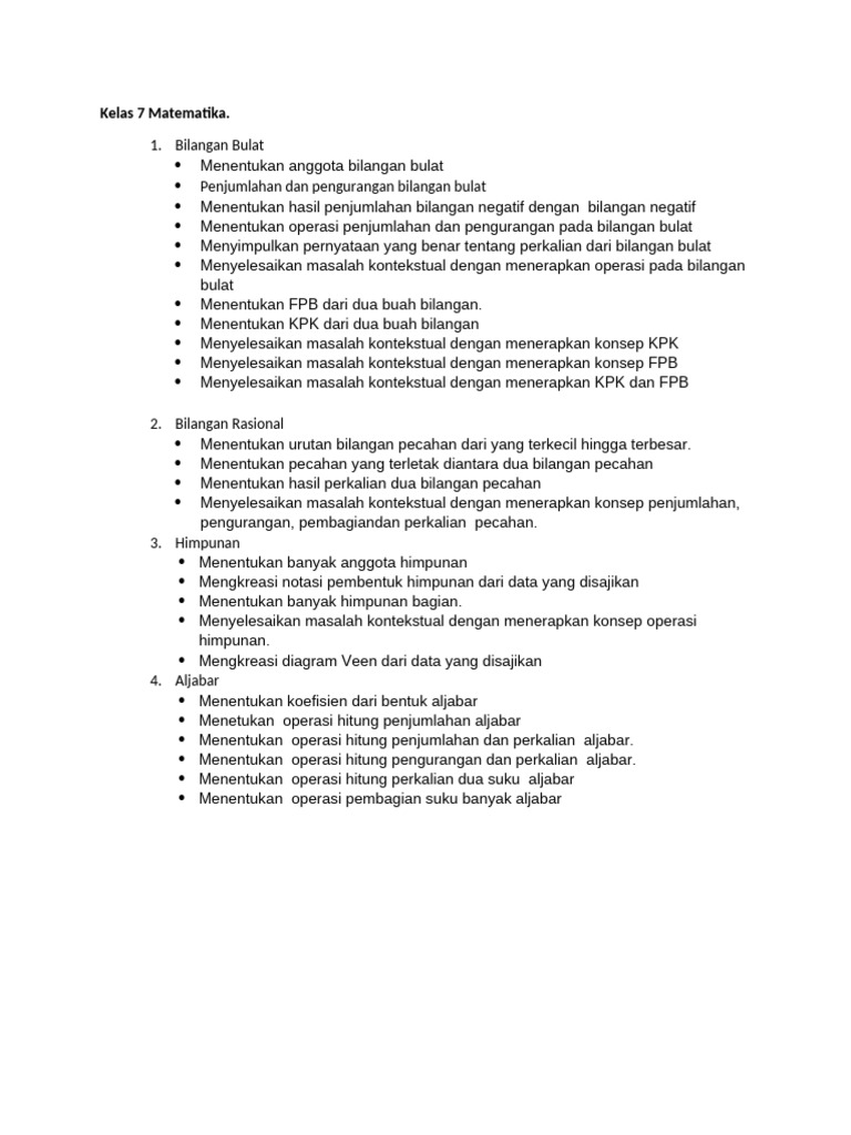 Kisi - Kisi Soal Matematika Kelas 7 | PDF