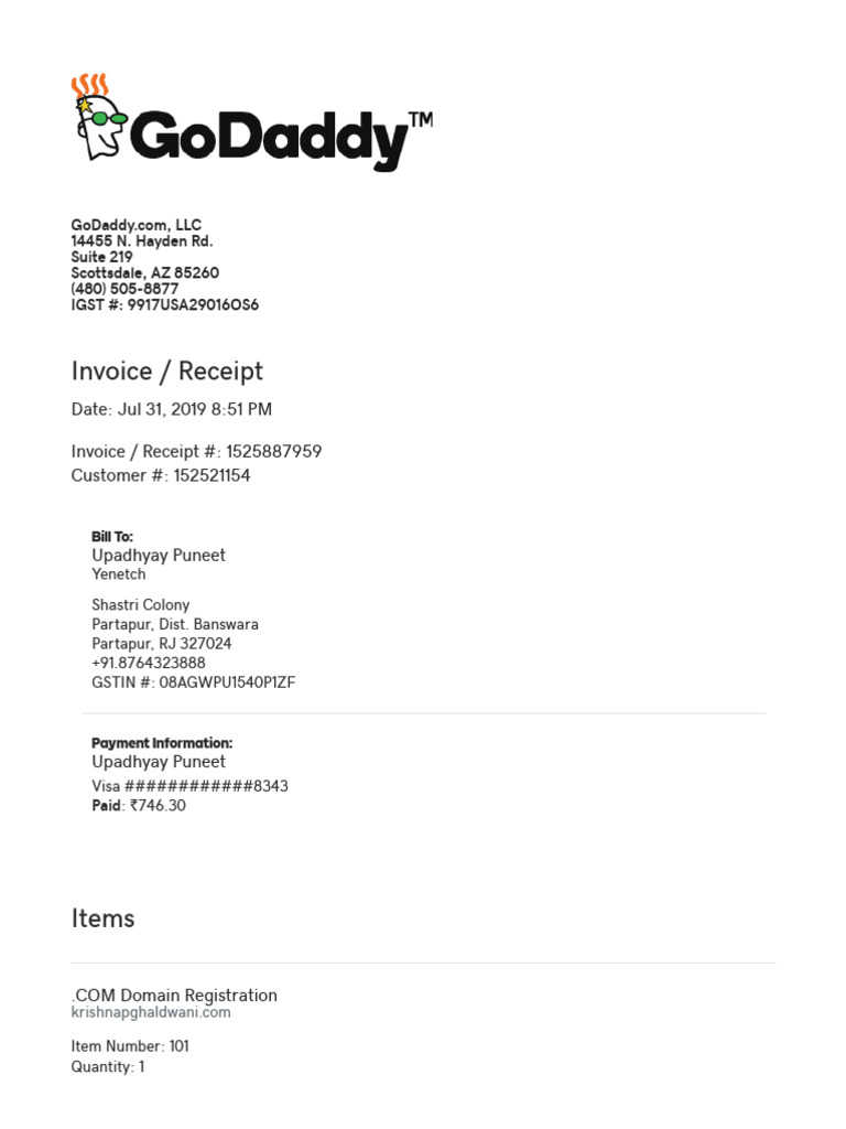 Domain Registration Invoice Receipt | PDF